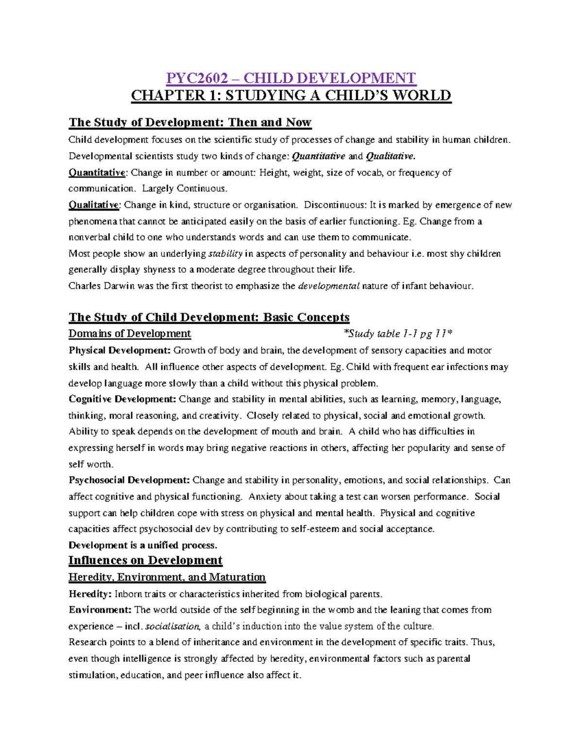 PYC2602 - Summary (Exam Prep) - PYC2602 CHILD DEVELOPMENT CHAPTER 1 ...