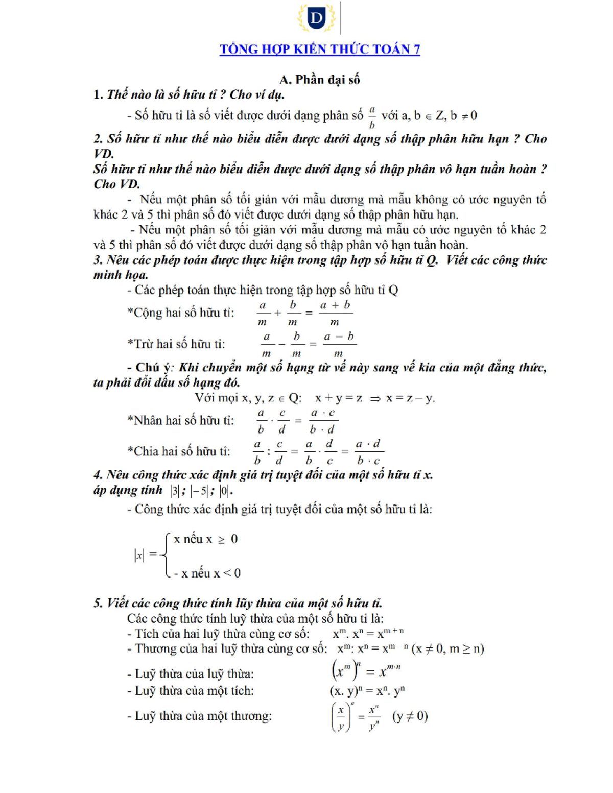 Tổng hợp kiến thức Toán 7 A: Phân số và các phép toán - Studocu