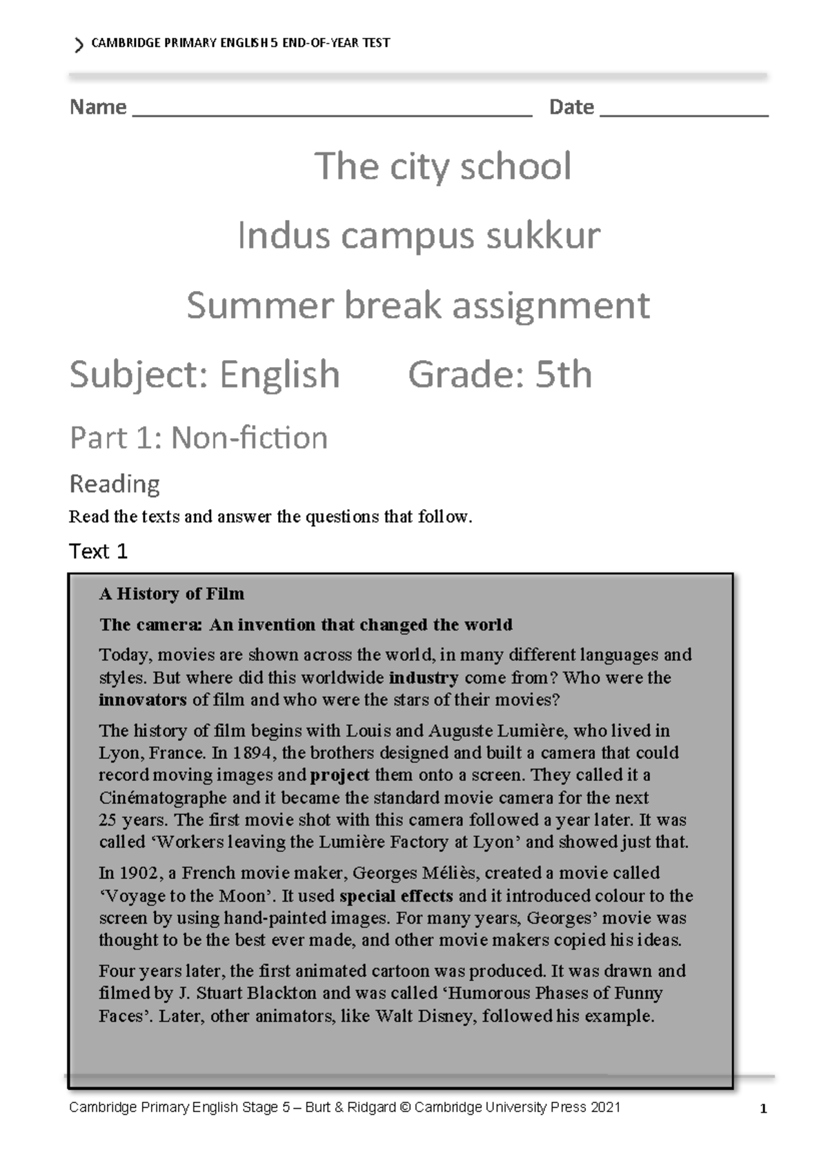 CAMBRIDGE PRIMARY ENGLISH 5 SUMMER ASSIGNMENT: READING & WRITING - Studocu