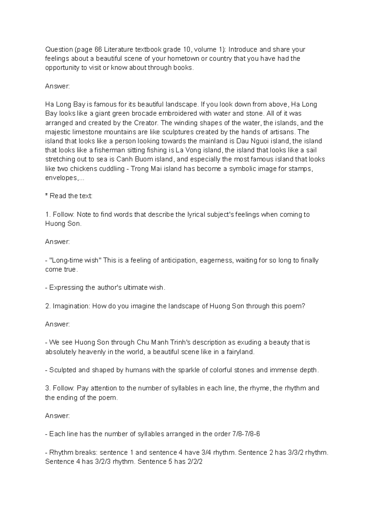Grade 10 Literature: Feelings and Imagery of Huong Son Scenery - Studocu