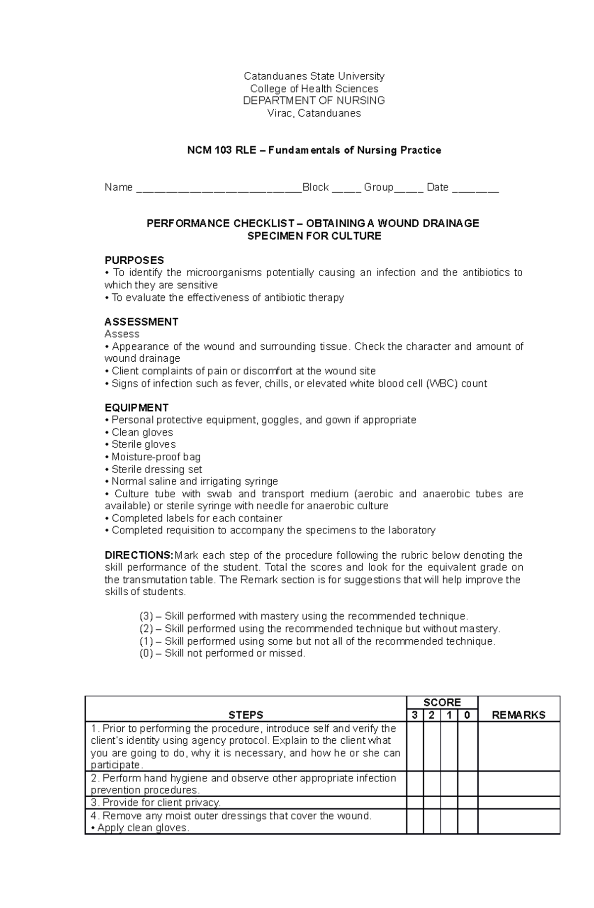 NCM 103 RLE – Wound Drainage Specimen Culture Guidelines - Studocu
