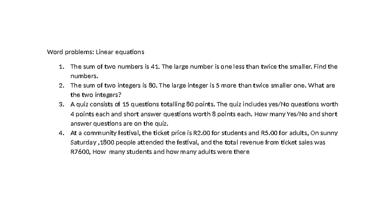 Maths Word Problems: Linear Equations & Quiz Questions - Studocu