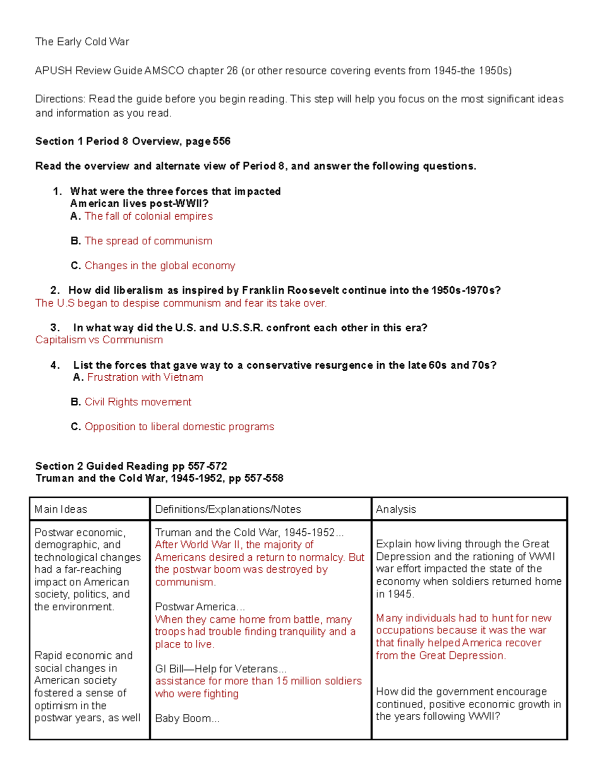 Unit 8 Amsco Guided Notes - The Early Cold War APUSH Review Guide AMSCO ...