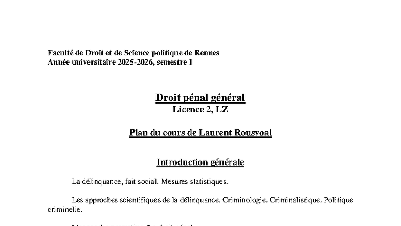 Cours DPG L2 2025 : Plan du Droit Pénal Général Semestre 1 - Studocu