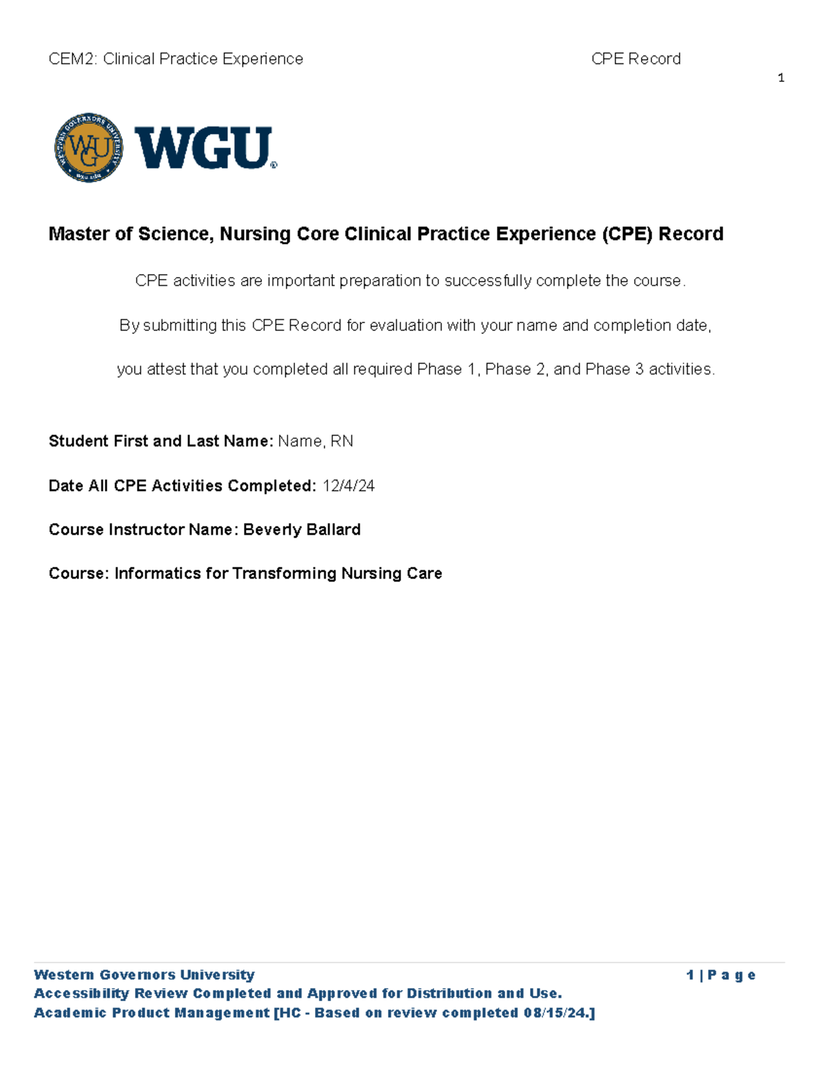 D029 CPE Record: Nursing Core Clinical Practice Experience Summary ...