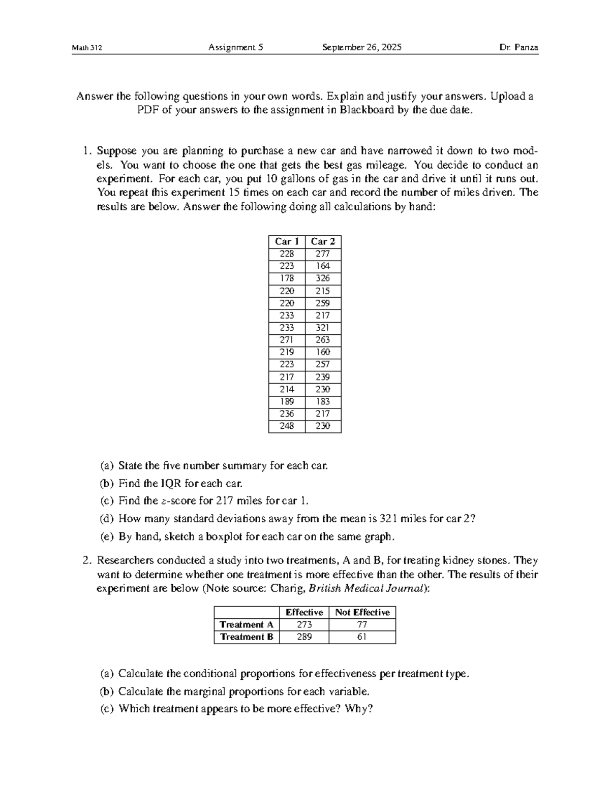 Math 312 Final Assignment 5: Car Mileage & Treatment Effectiveness Analysis - Studocu