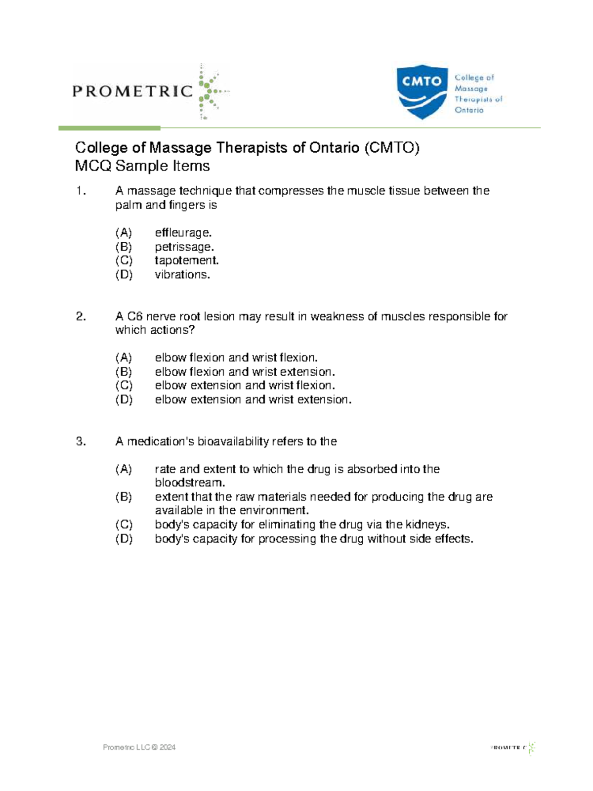 CMTO MCQ Sample Set 1 for Massage Therapy Exam Prep - Studocu
