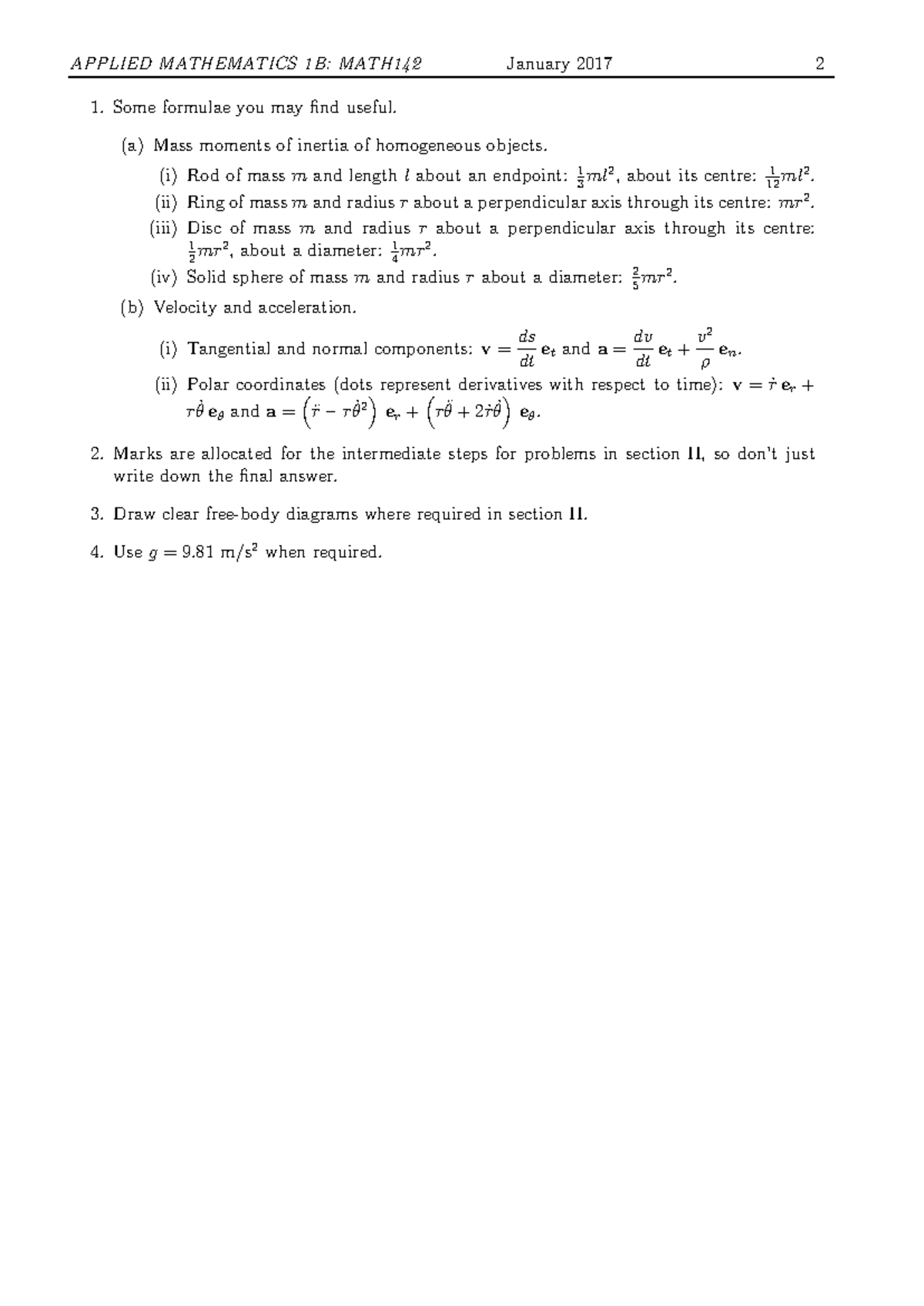 APPLIED MATHEMATICS 1B: MATH142 January 2017 Exam Formulae and ...