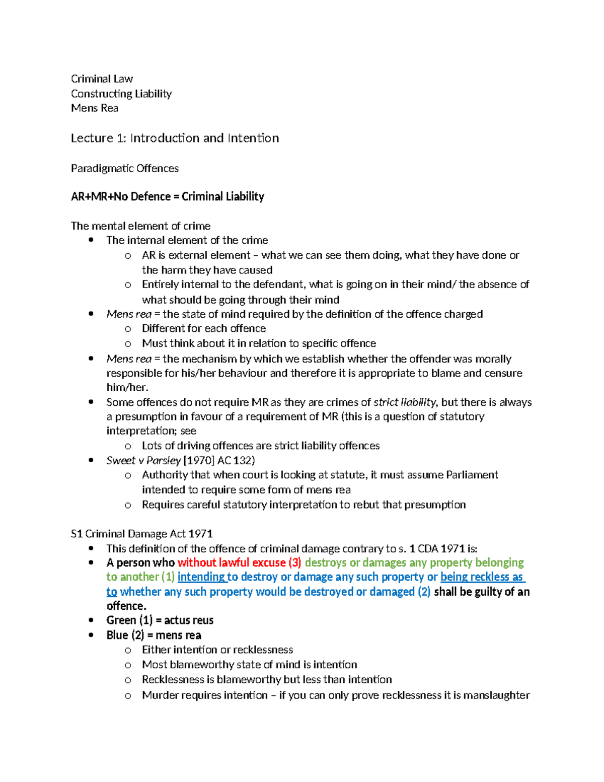 Criminal Law (CL101): Unit 2 Notes on Mens Rea and Recklessness - Studocu