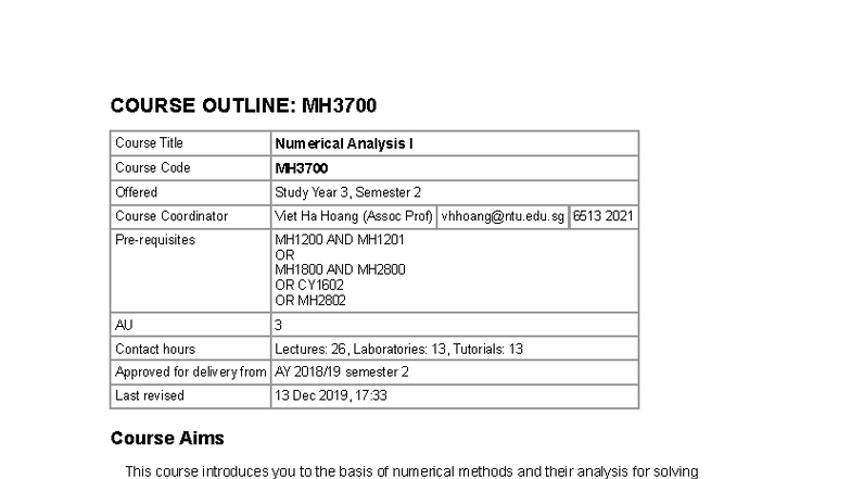 MH3700 Numerical Analysis I Course Outline and Assessment Details - Studocu