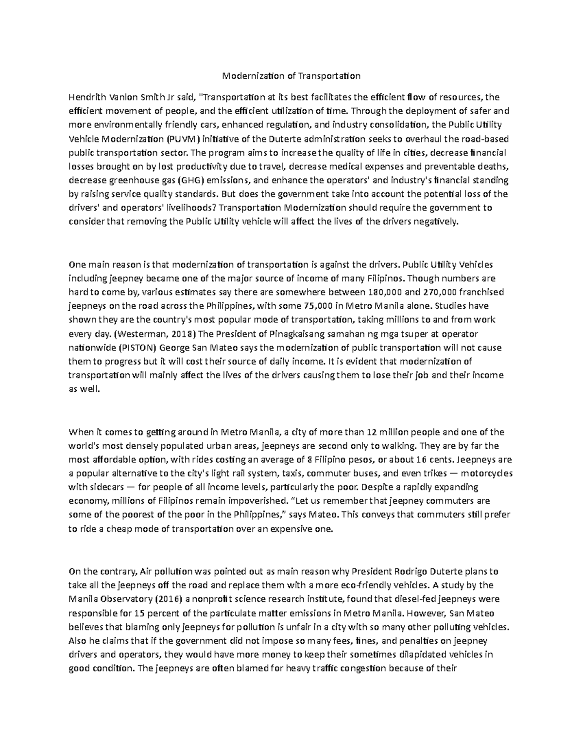 Argumentative essay - Modernization of Transportation Hendrith Vanlon ...