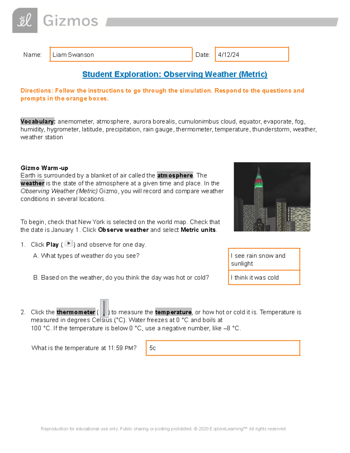 [Template] Student Exploration: Observing Weather Gizmo (Metric) - Studocu