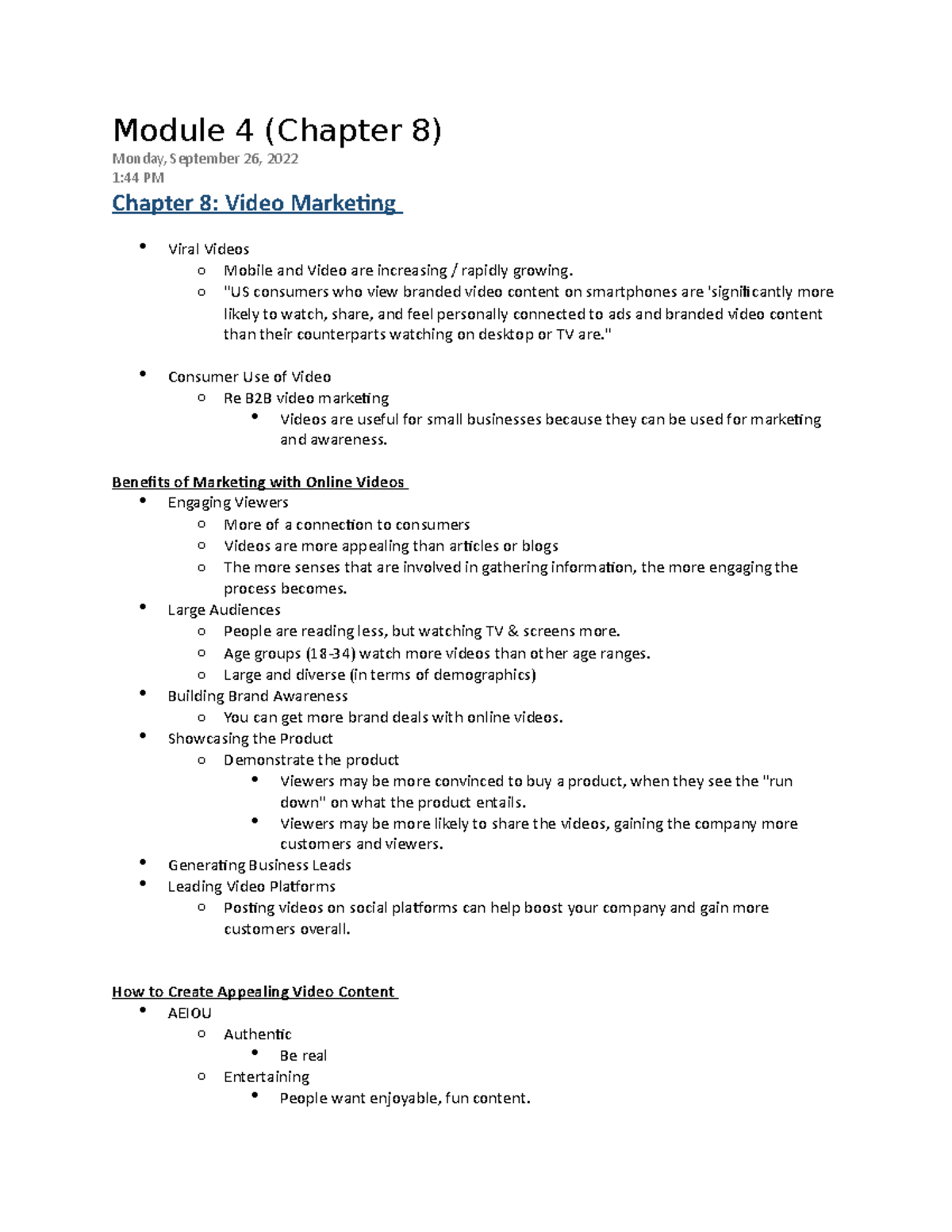 Module 4 (Chapter 8) - Video Marketing - Module 4 (Chapter 8) Monday ...