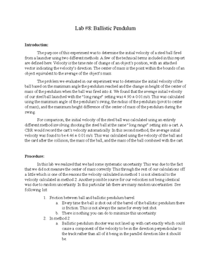 Lab report 8 - Lab on Ballistic Pendullum - Lab 8: Ballistic Pendulum ...