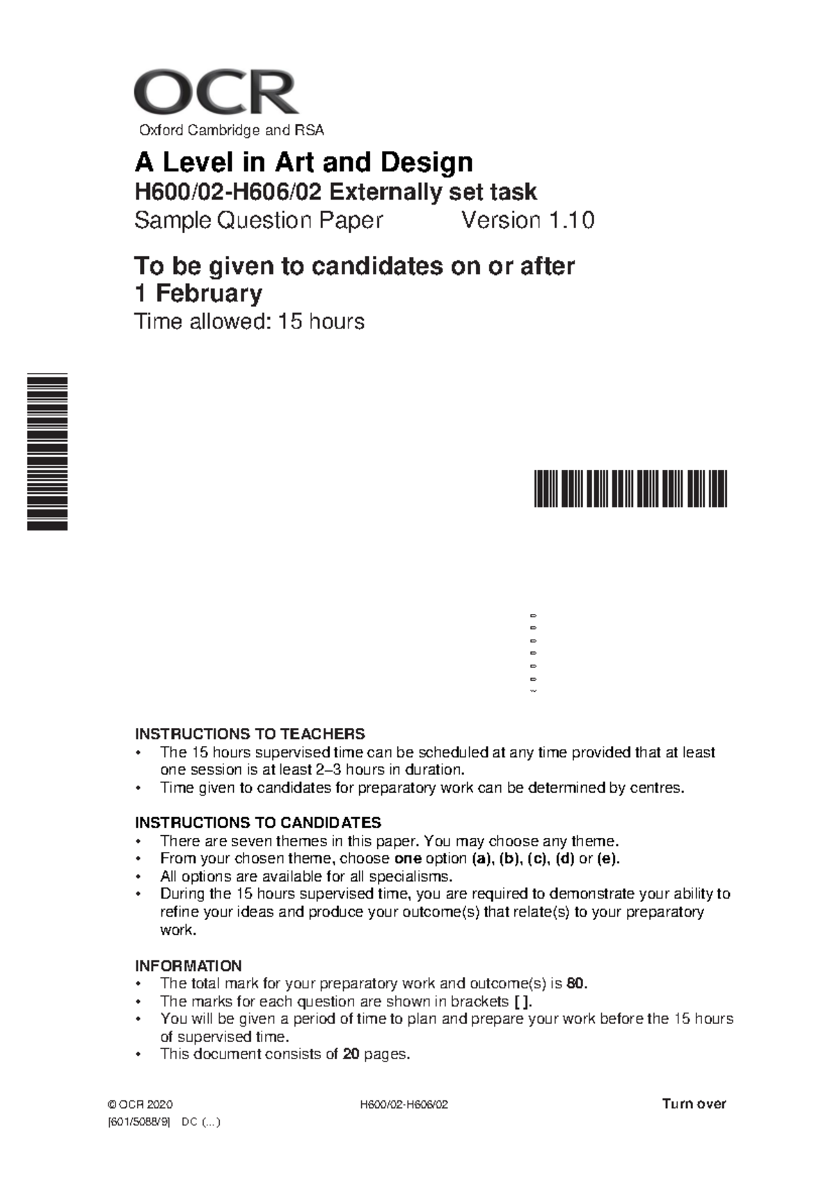 OCR A Level Art & Design H600 Externally Set Task Sample Paper - Studocu