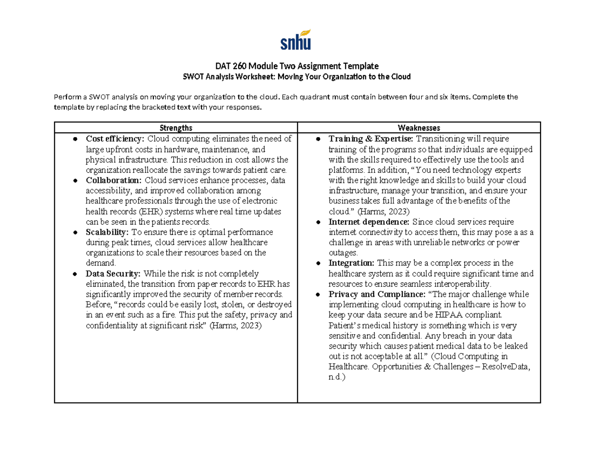 DAT 260 Module Two Assignment: SWOT Analysis of Cloud Integration - Studocu