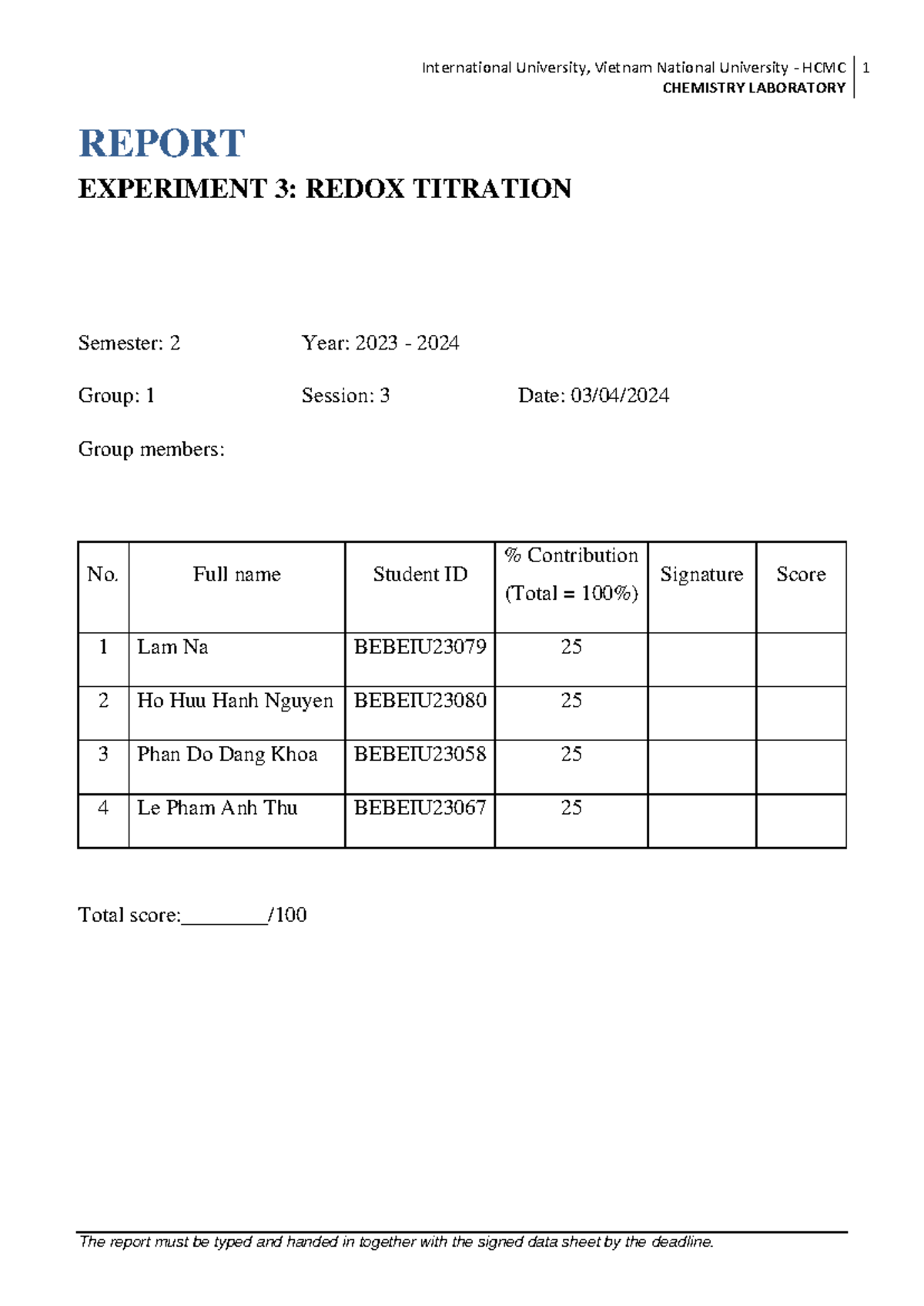 Chem Lab-Report-3 - report - CHEMISTRY LABORATORY REPORT EXPERIMENT 3 ...
