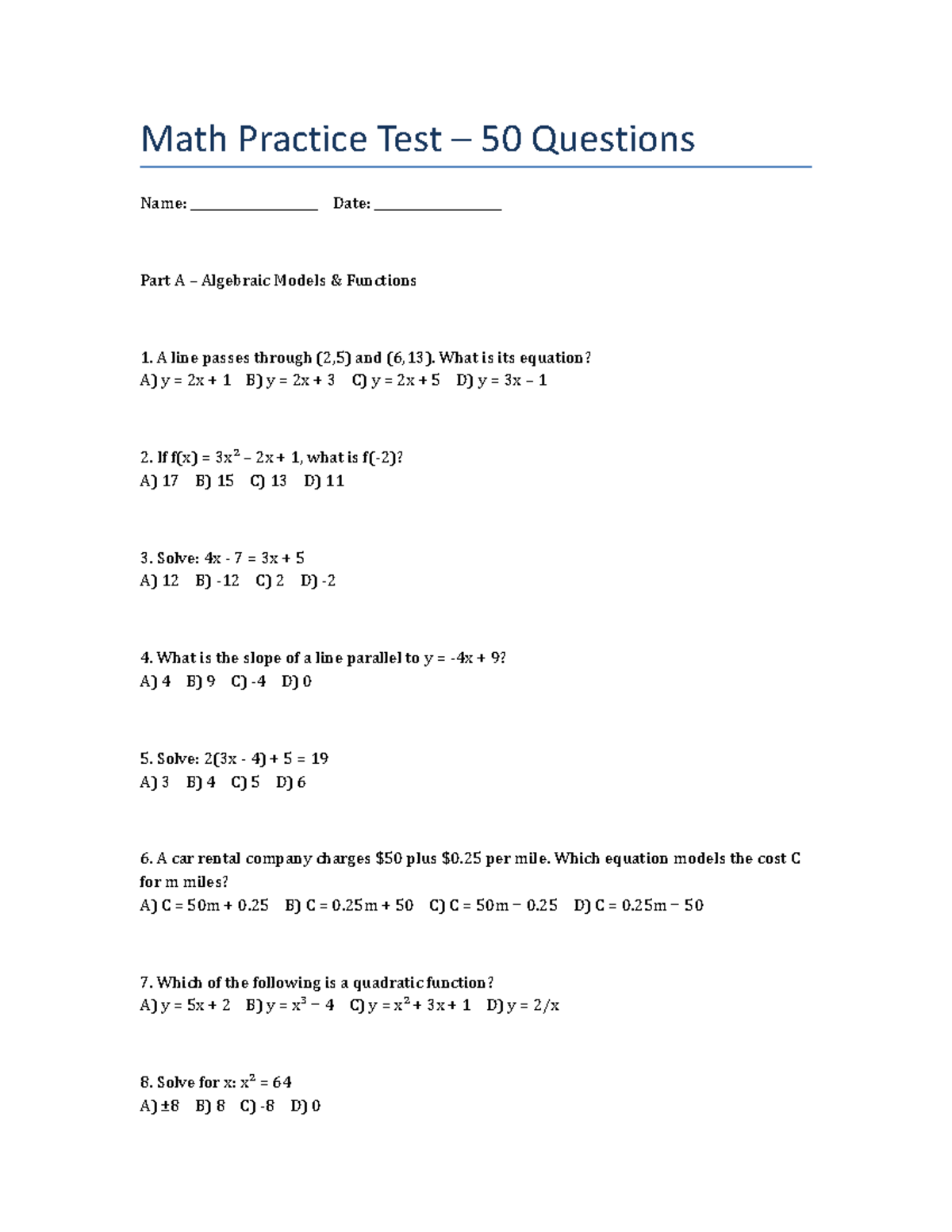 Math Practice Test: Algebraic Models & Functions (50 Qs) - Studocu