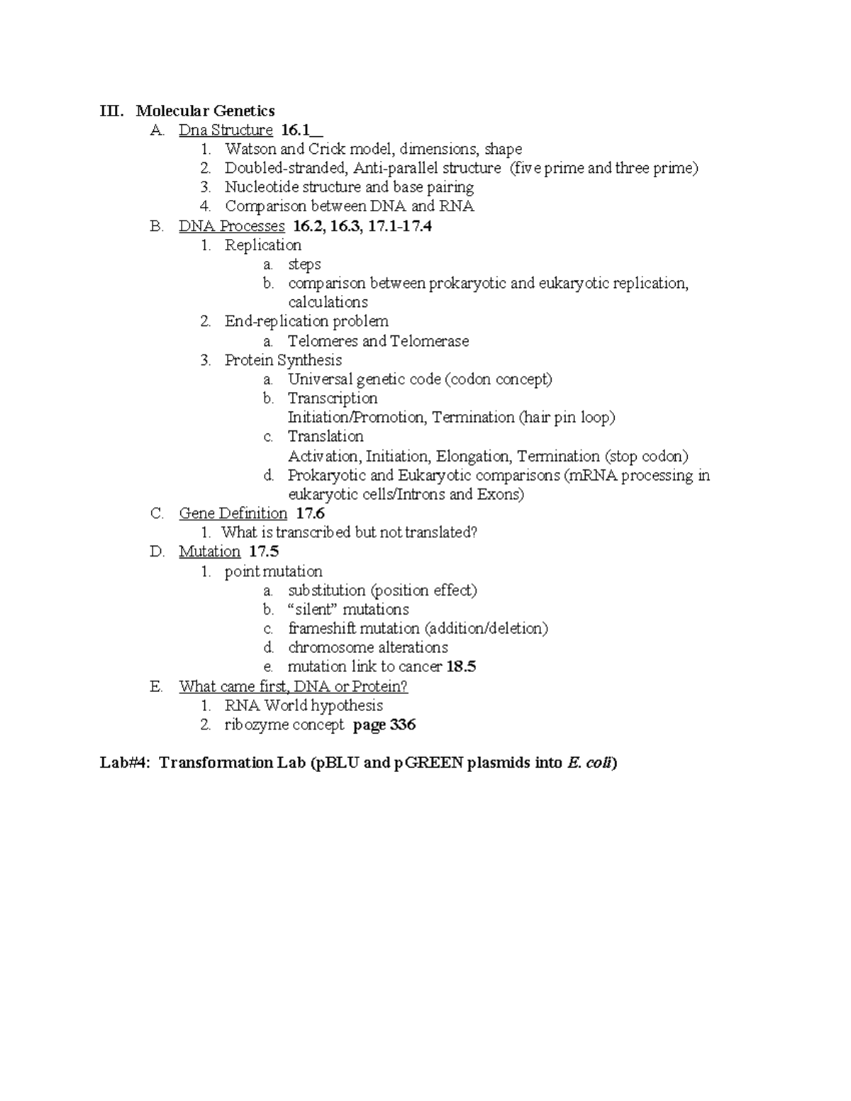 Molecular Genetics Unit 3 Outline: Key Concepts and Processes - Studocu