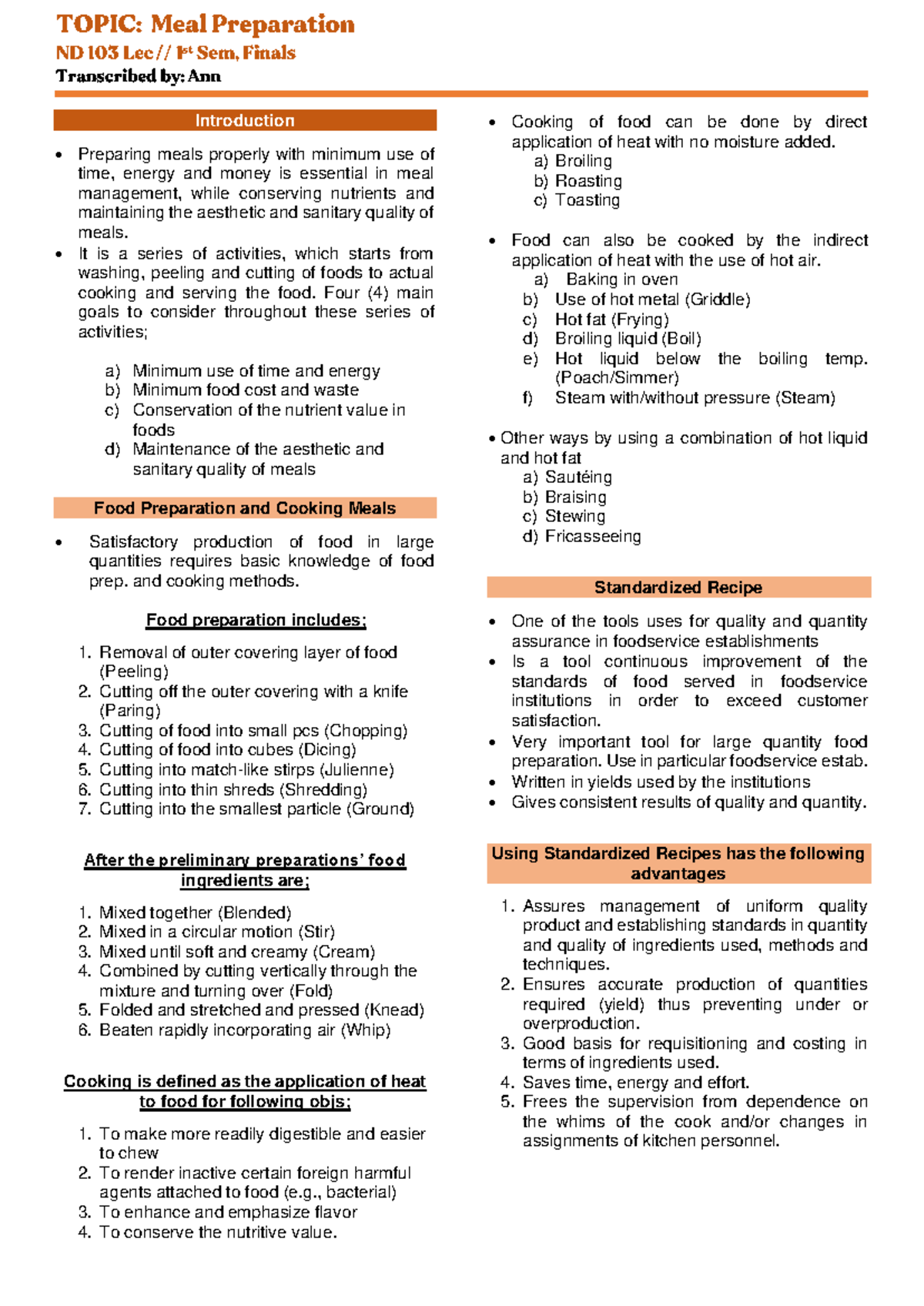 ND 103 Lec- Meal Preparation - Introduction Preparing meals properly ...