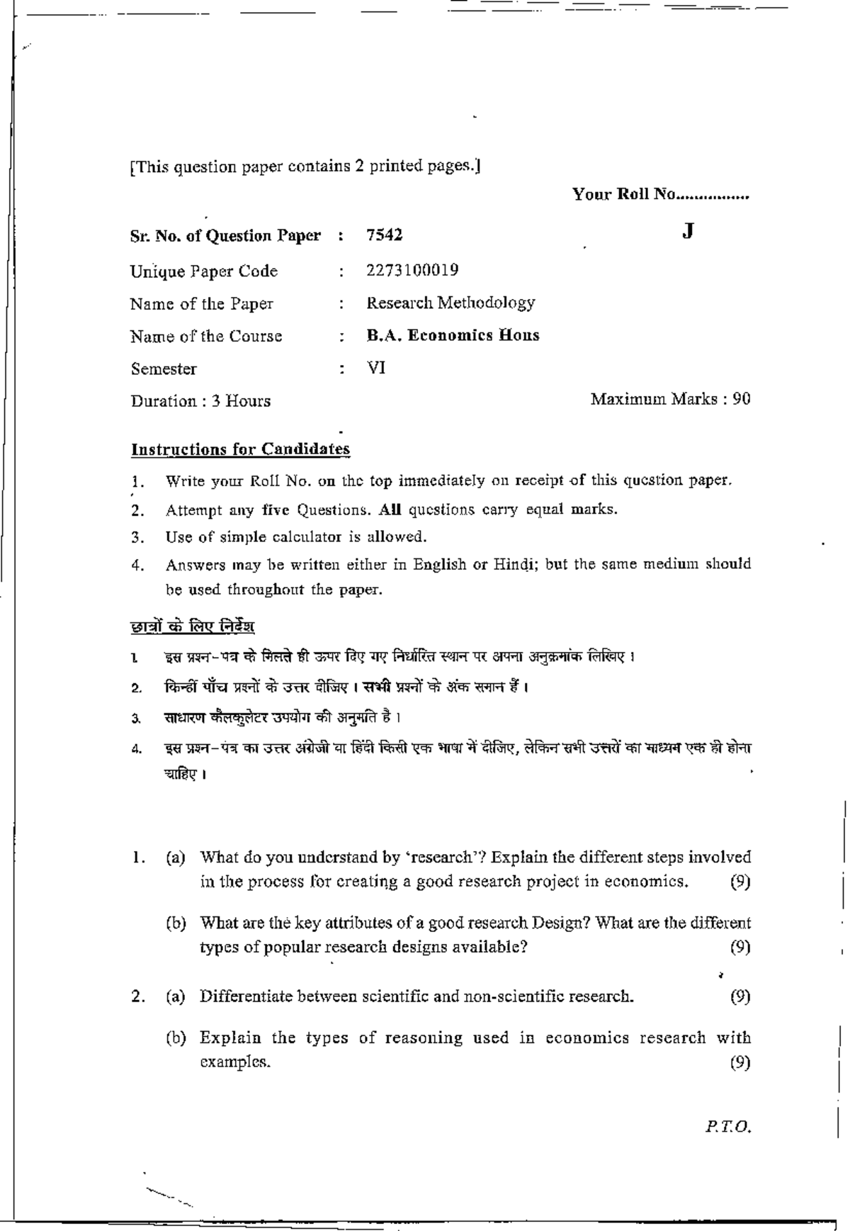 Research Methodology - PYQ for B.A. Economics Hons Sem VI - Studocu