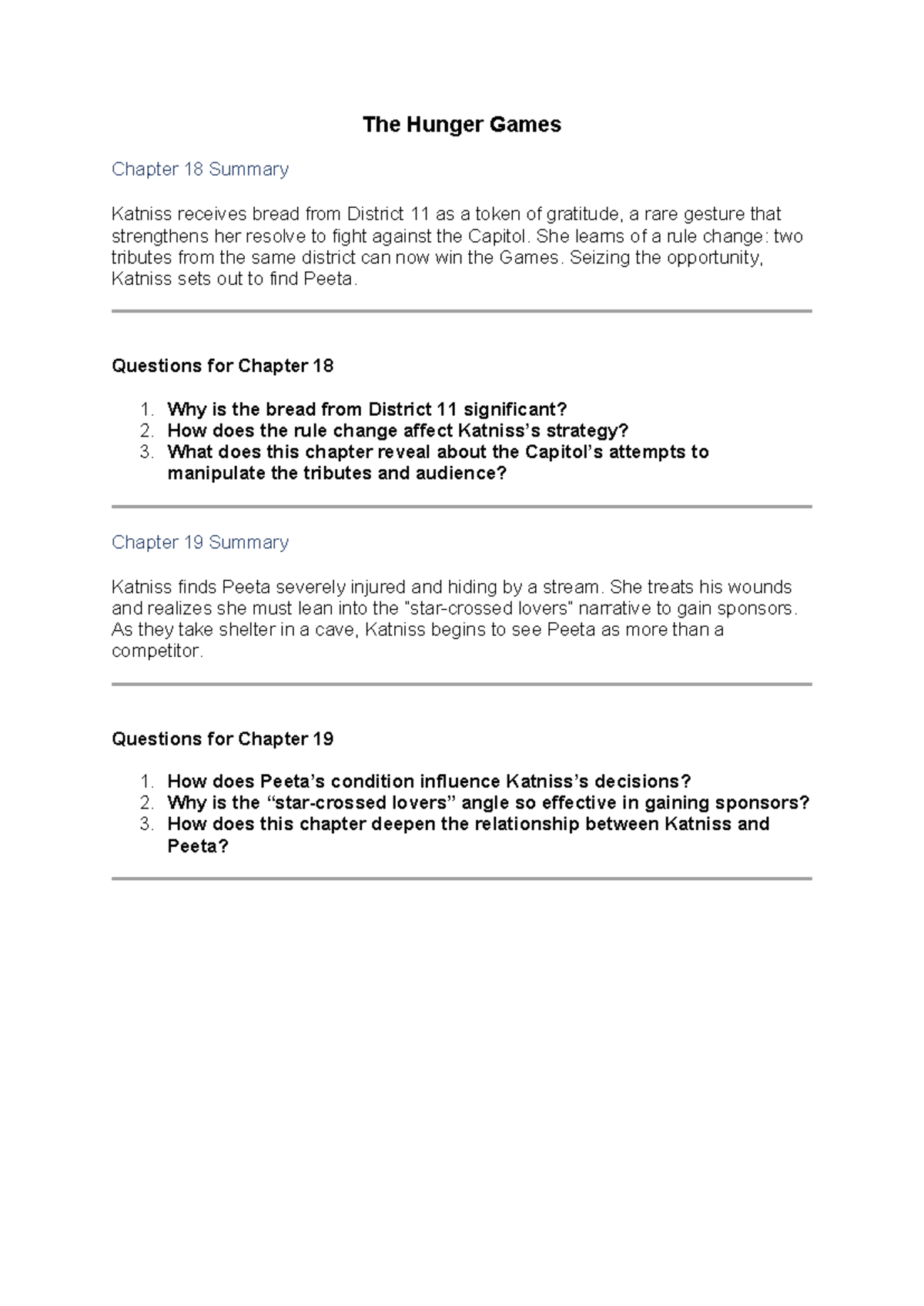 Chapter 18-20 - The Hunger Games Chapter 18 Summary Katniss receives ...