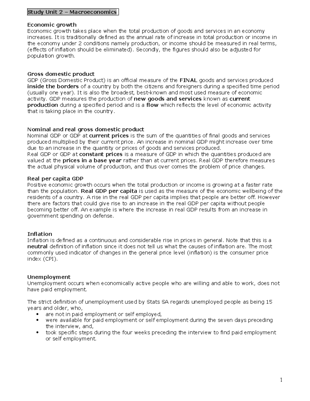 ECS2602 - Notes on Macroeconomics: Economic Growth, GDP & Inflation ...