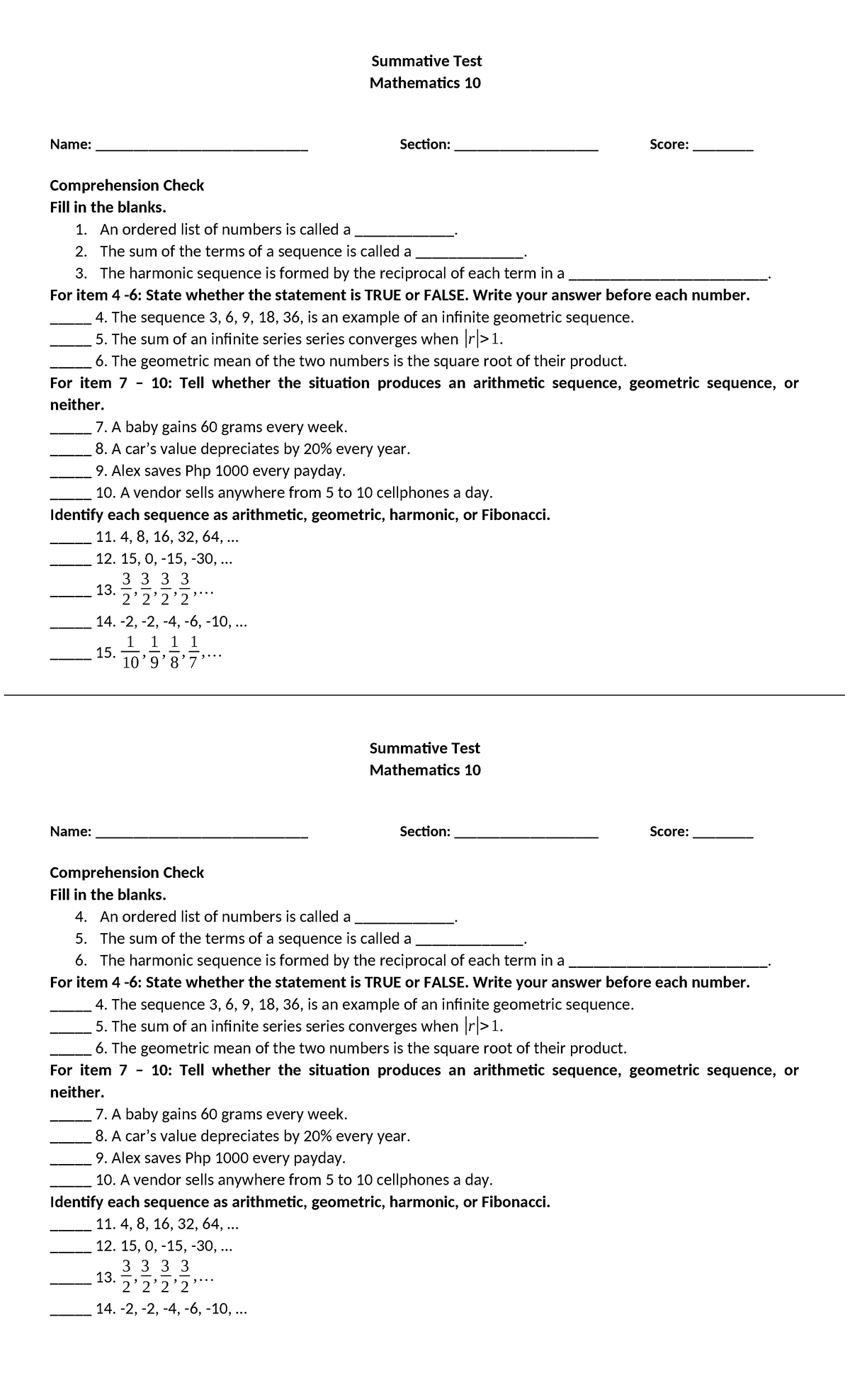 Summative Test Mathematics 10: Comprehension Check and Sequence ...