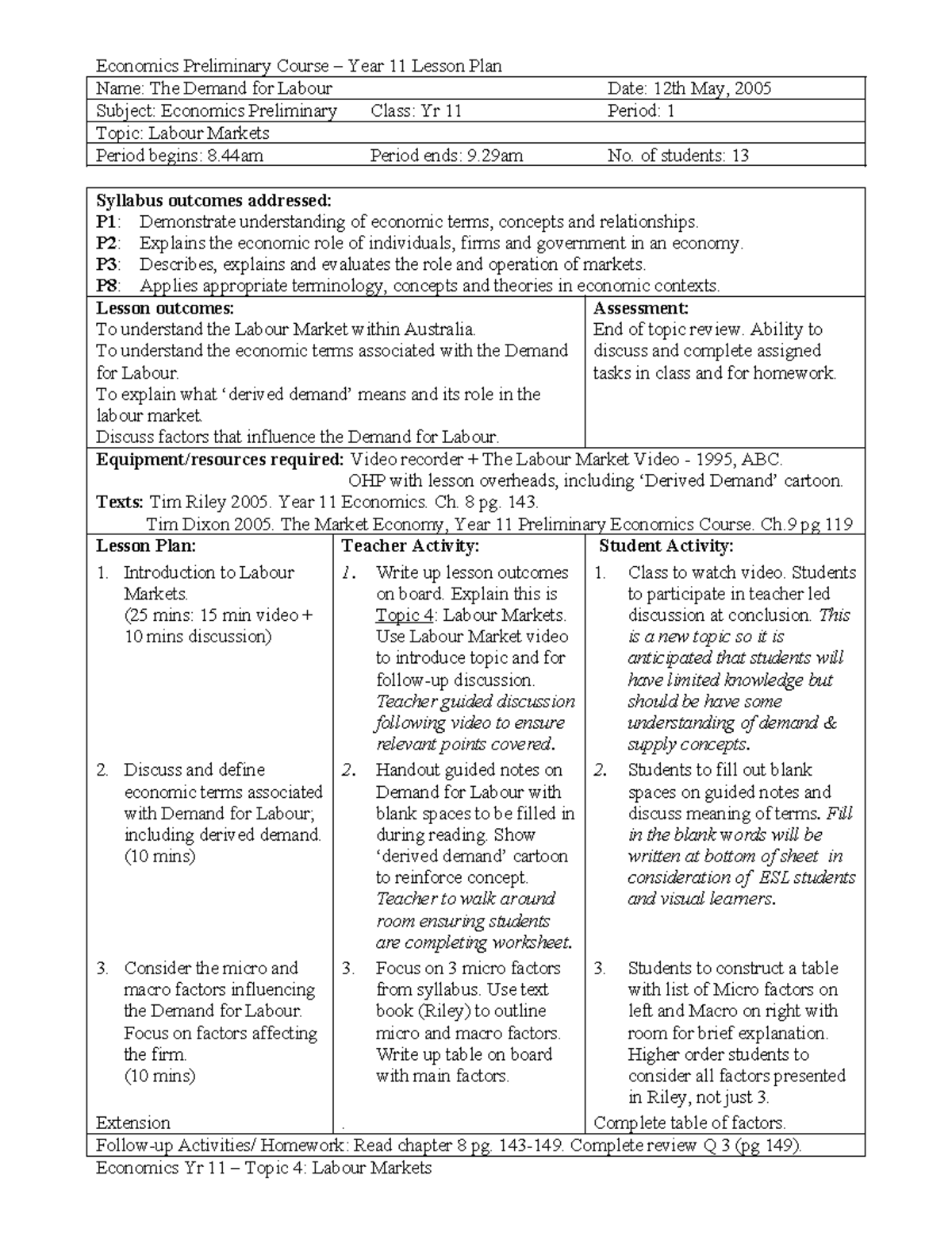 Economics Preliminary Course Yr 11 Lesson Plan: Demand for Labour - Studocu