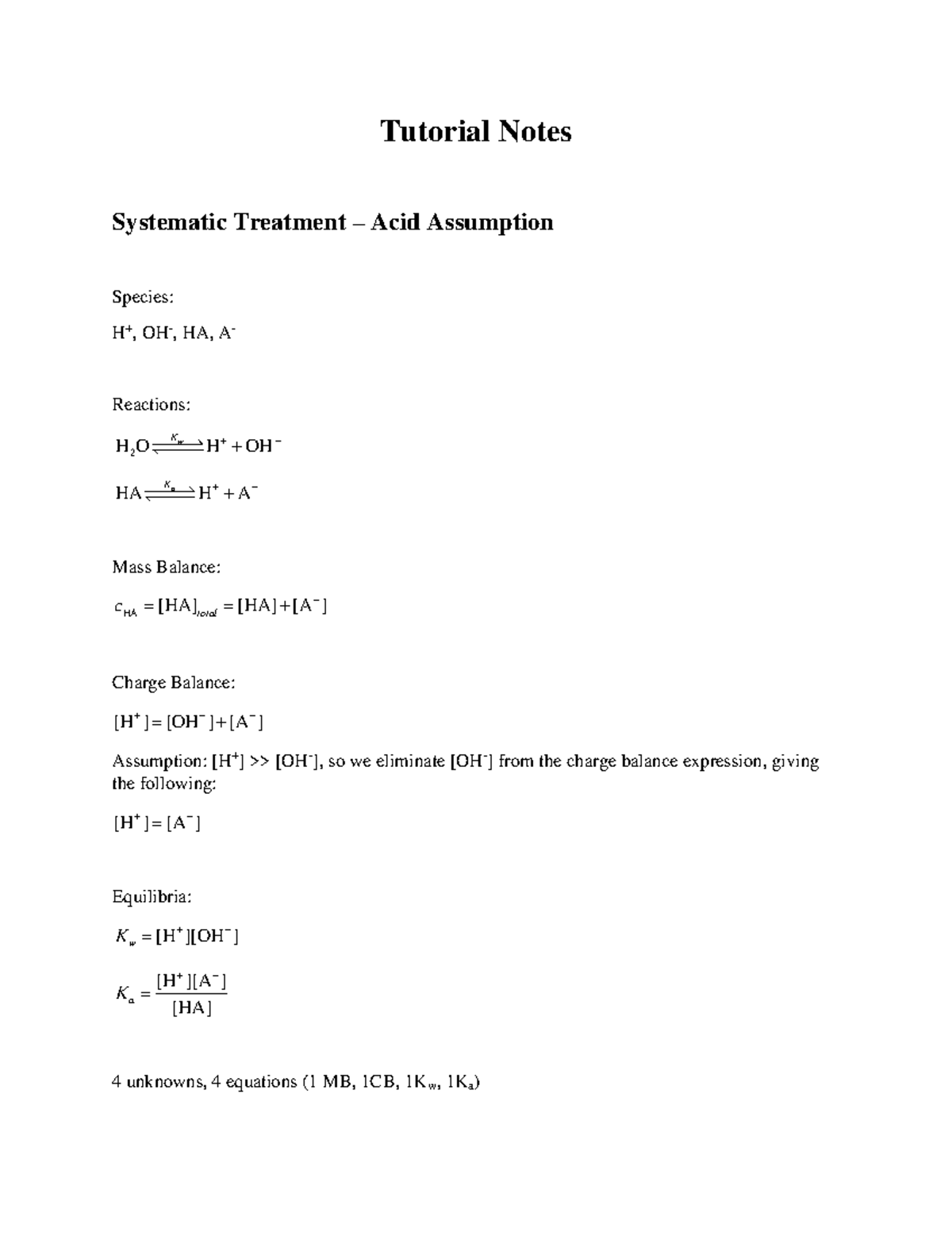 Tutorial Notes: Systematic Treatment of Acid-Base Equilibria (CHEM 101 ...