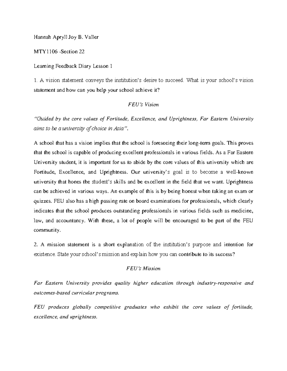 MTY1106 - Lesson 1: Vision, Mission, and Values of FEU - Studocu