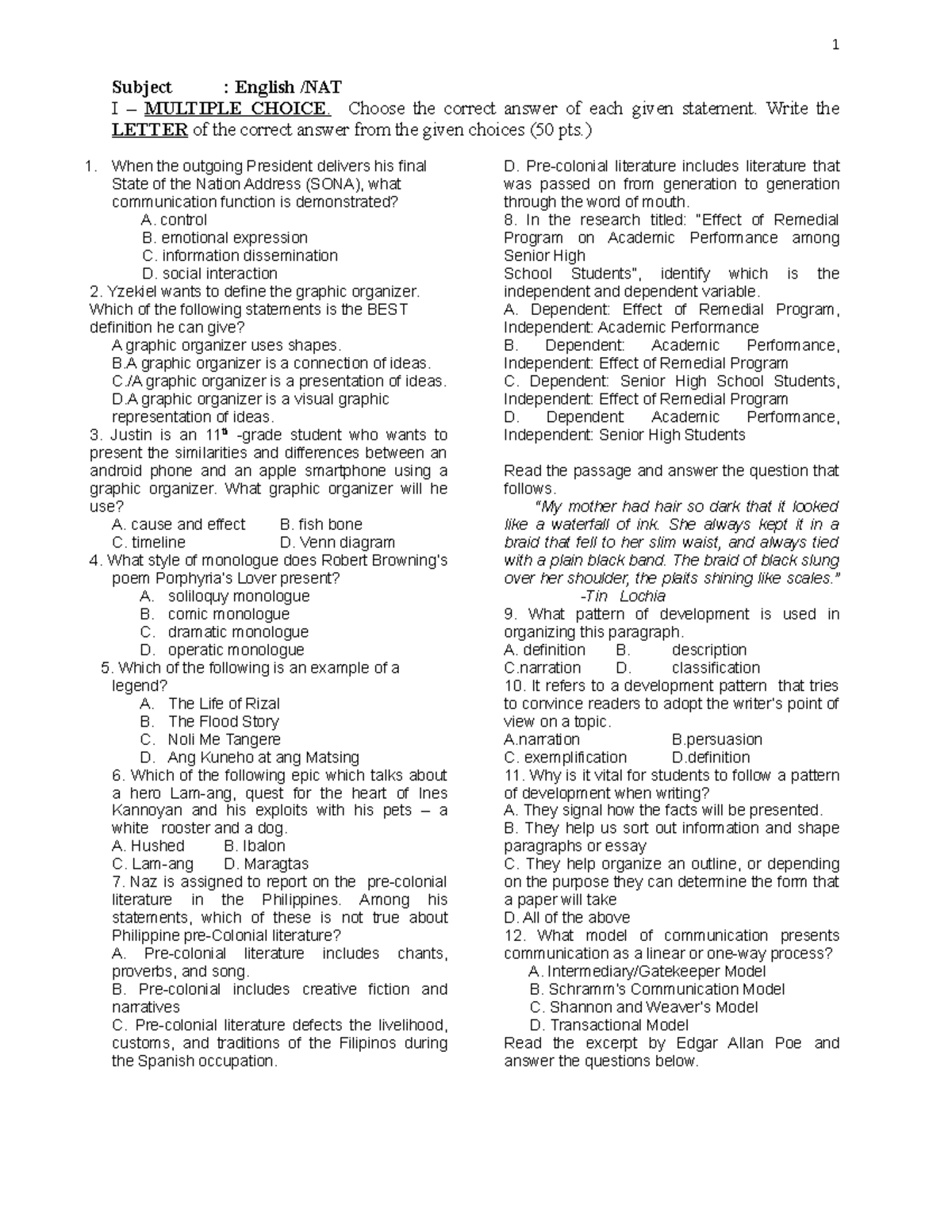 ENGLISH/NAT Review 2023: Comprehensive Multiple Choice Guide - Studocu