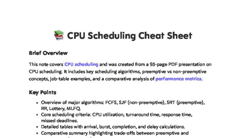 Lecture 3A Notes: CPU Scheduling Overview and Key Algorithms - Studocu