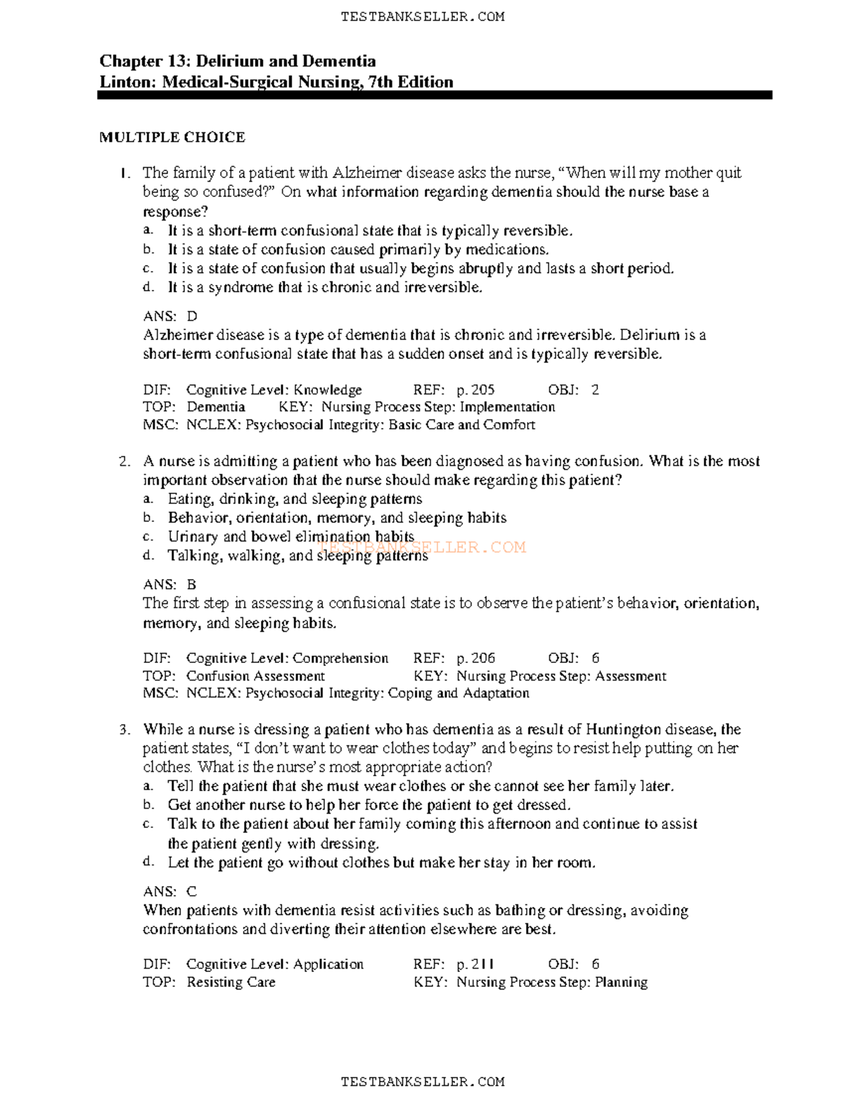 Delirium dementia - Nursing - TESTBANKSELLER Chapter 13: Delirium and ...