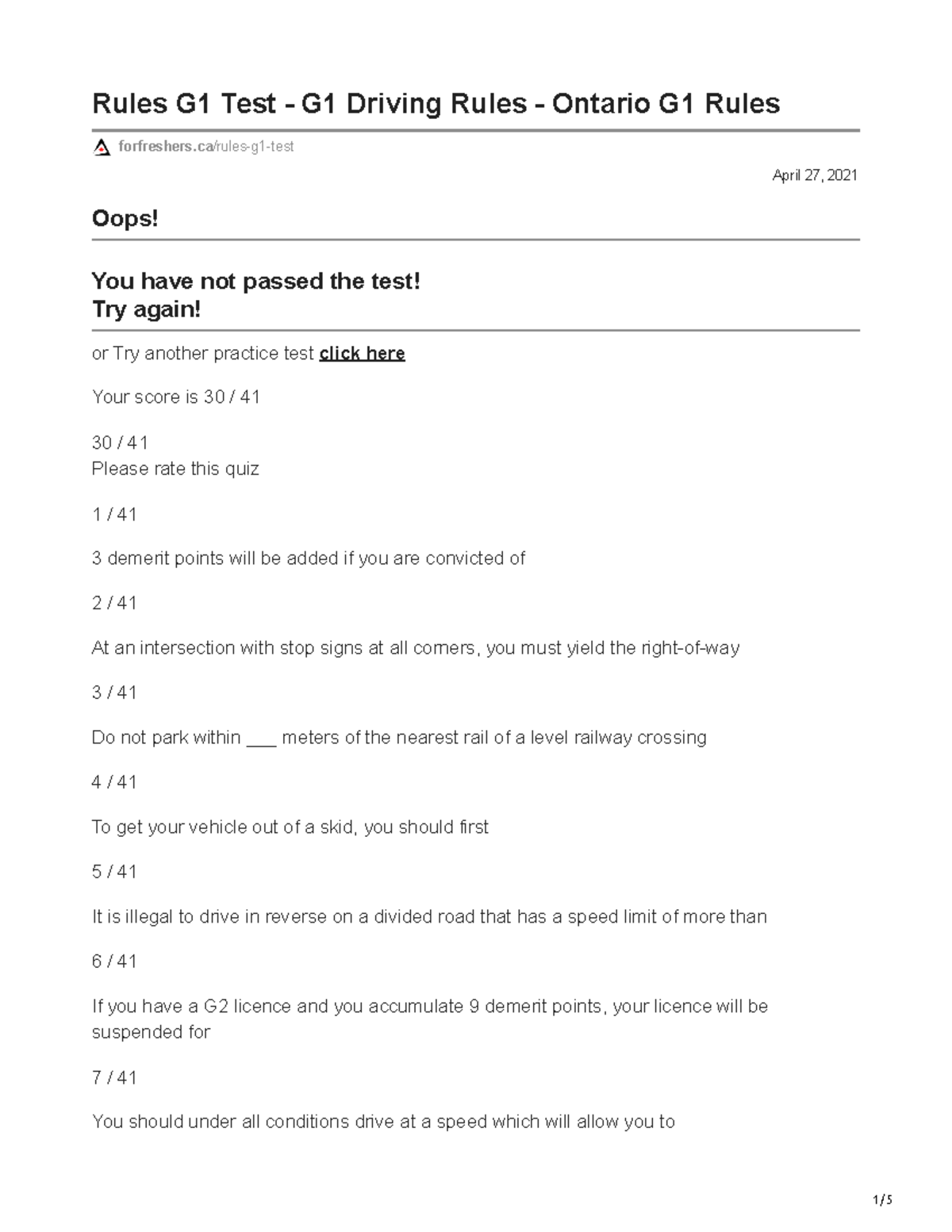 G1 Driving Rules Practice Test - Ontario G1 Test Review - Studocu