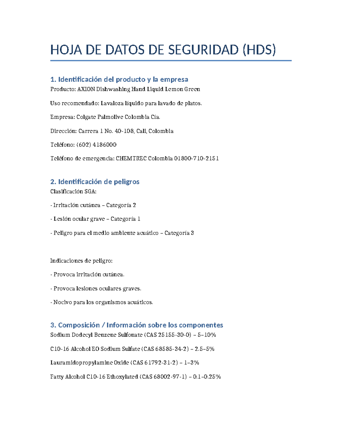 Hoja de Seguridad Actualizada AXION (HDS) - Colgate Palmolive - Studocu