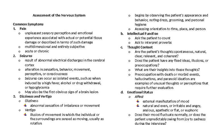 Assessment of the Nervous System: Common Symptoms and Physical Exam ...