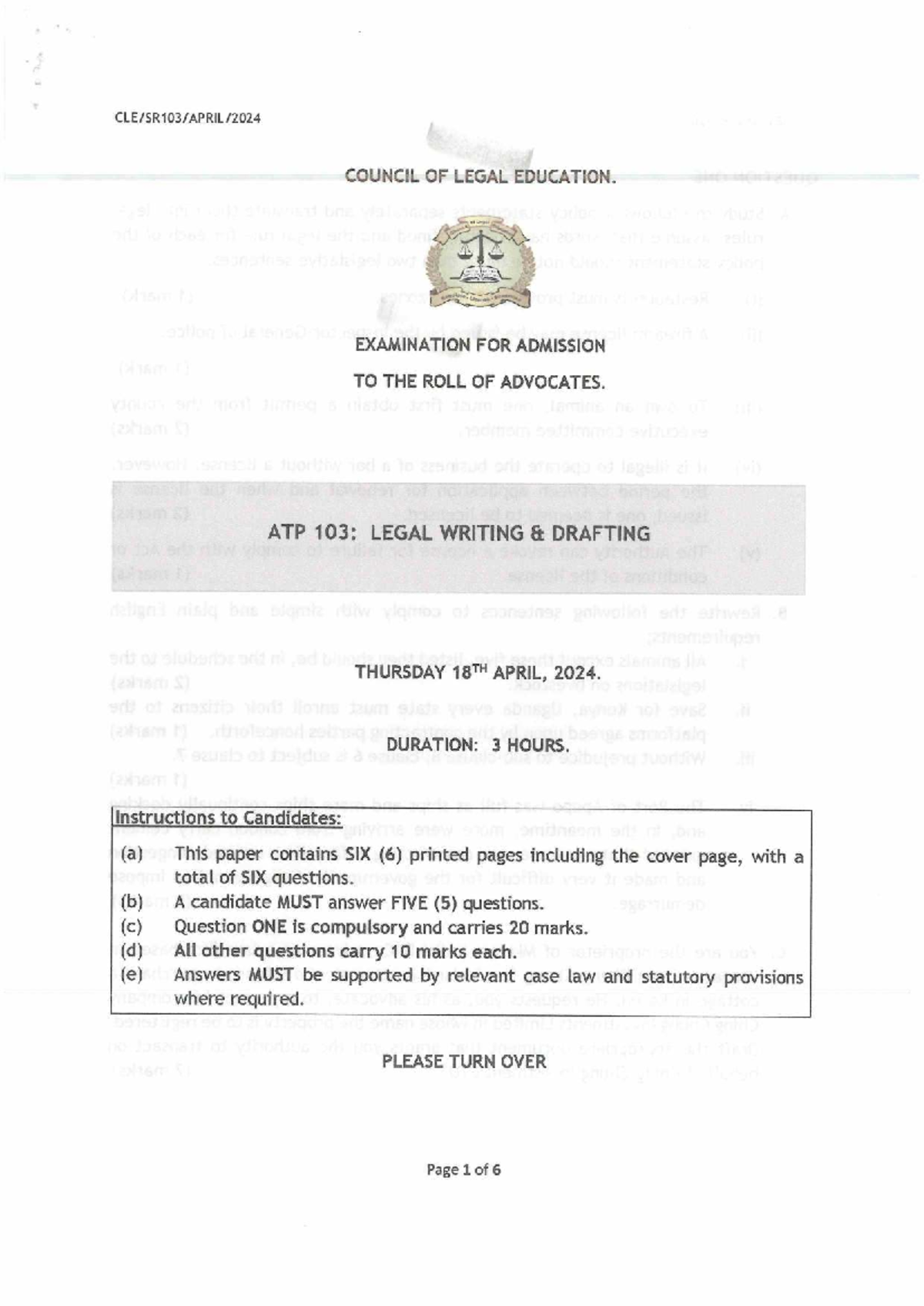 ATP 103: Legal Writing Drafting Exam - Admission to Roll of Advocates ...