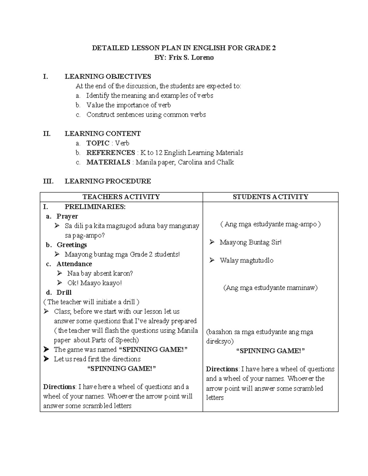 Detailed Lesson Plan: Teaching Verbs in English for Grade 2 - Studocu