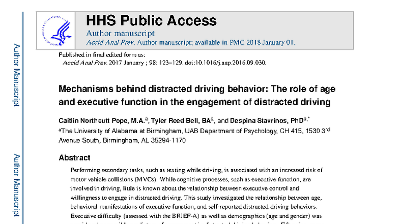 Accid Anal Prev 101: Age, Executive Function & Distracted Driving ...