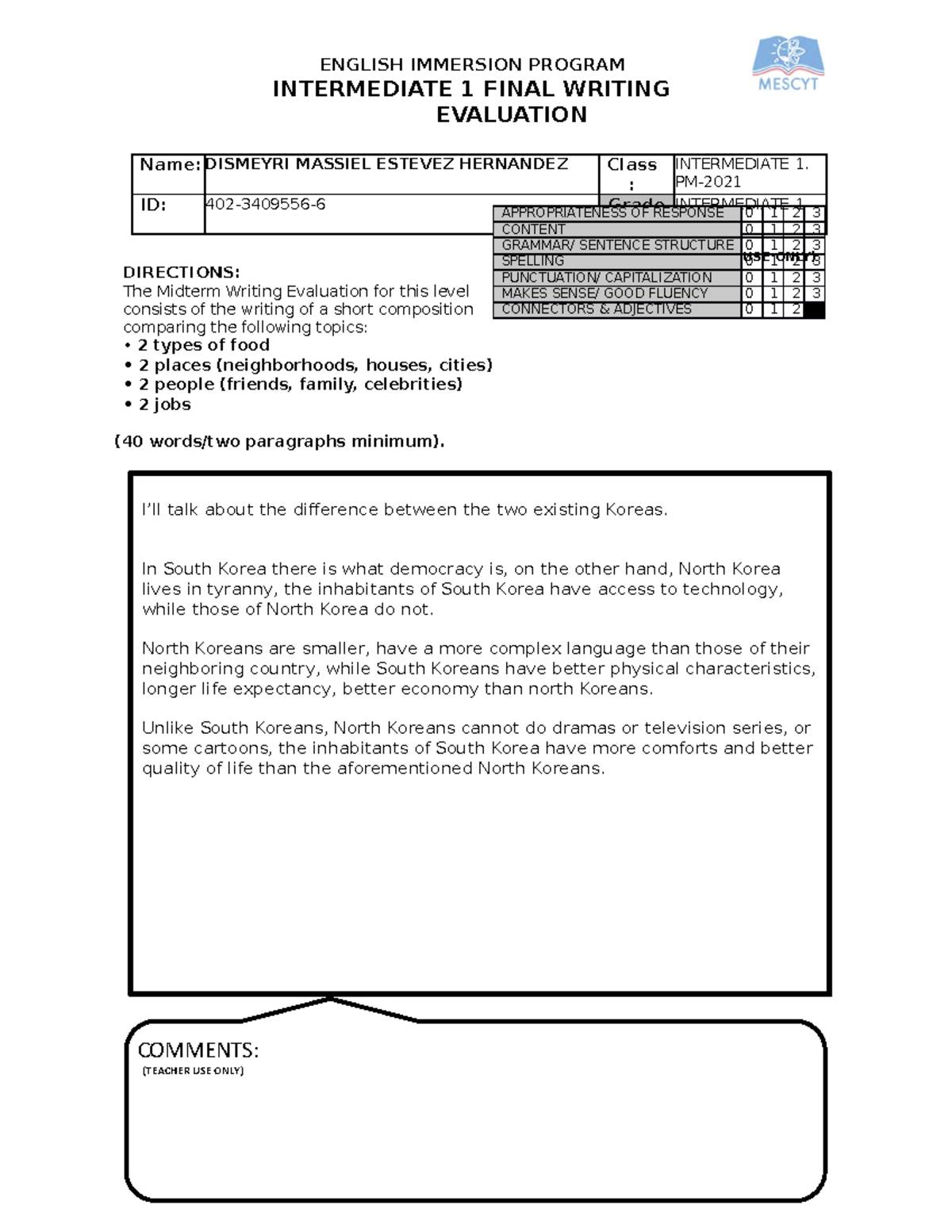 INT 1 - Final Writing Evaluation: Comparing Aspects of Life - Studocu