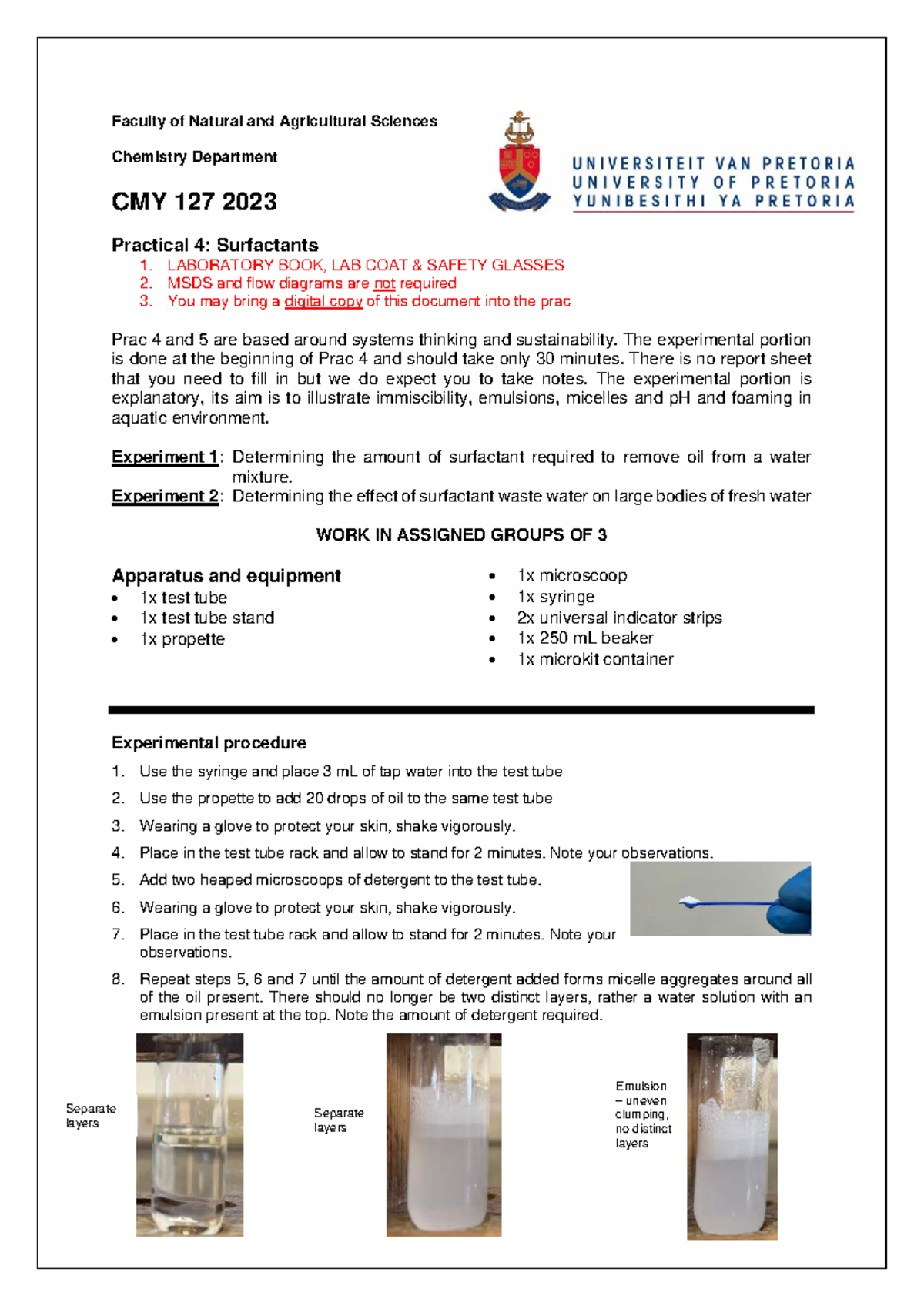 CMY 127 Practical 4 Instructions on Surfactants and Experiments - Studocu