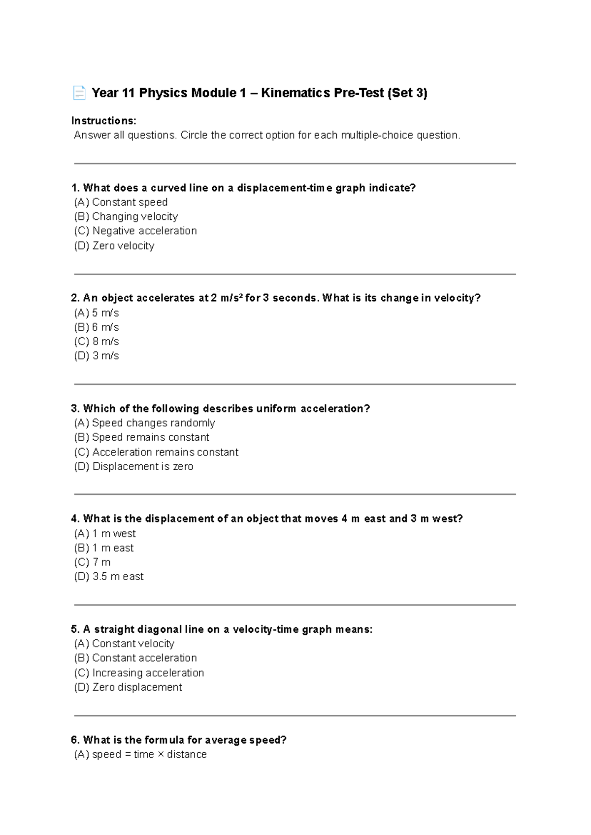Year 11 Physics Module 1 Kinematics (Set 3) Practice Test - Studocu