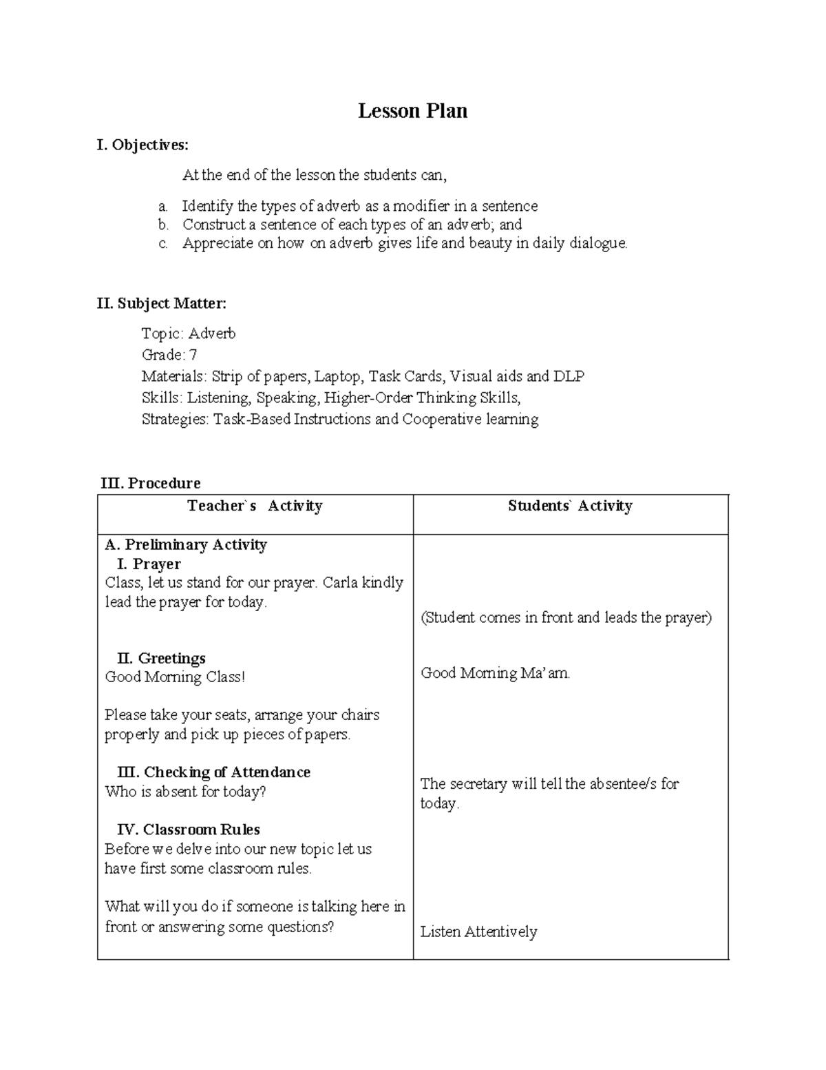 Grade 7 Lesson Plan: Understanding Adverbs as Modifiers - Studocu