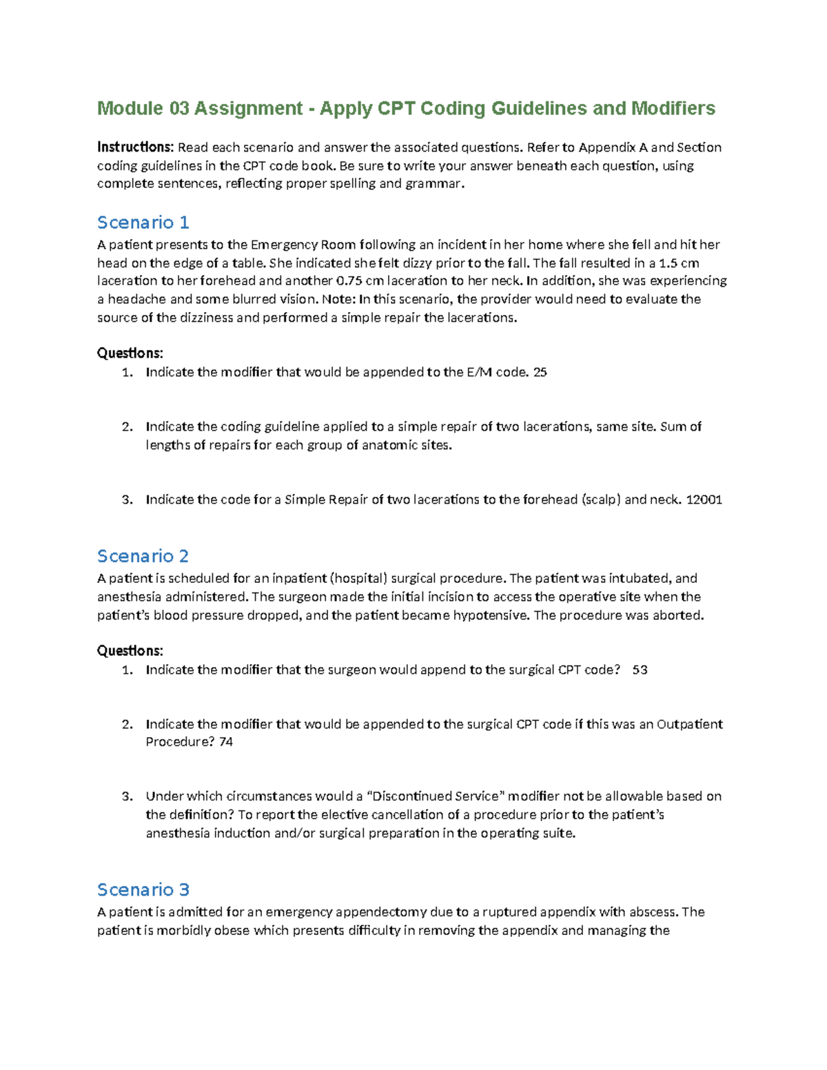 Mod 3 Assignment: Apply CPT Coding Guidelines & Modifiers - Studocu