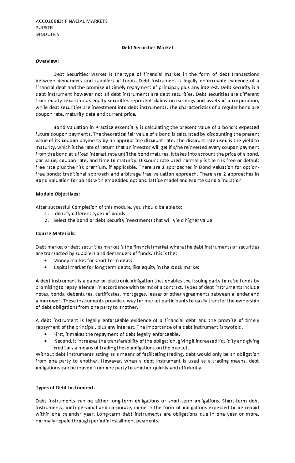 Debt Securities Market Overview - PUPSTB Module 5 Study Notes - Studocu