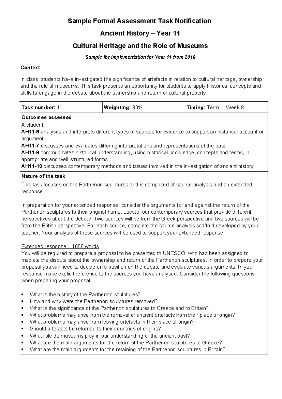 Ancient history stage 6 year 11 sample formal assessment task cultural ...
