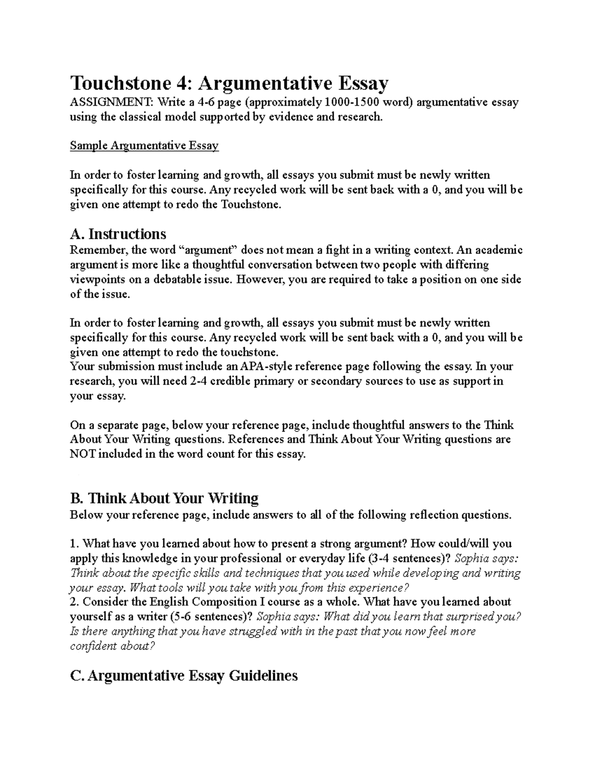 Essay Instructions for Touchstone 4: Argumentative Essay - Studocu