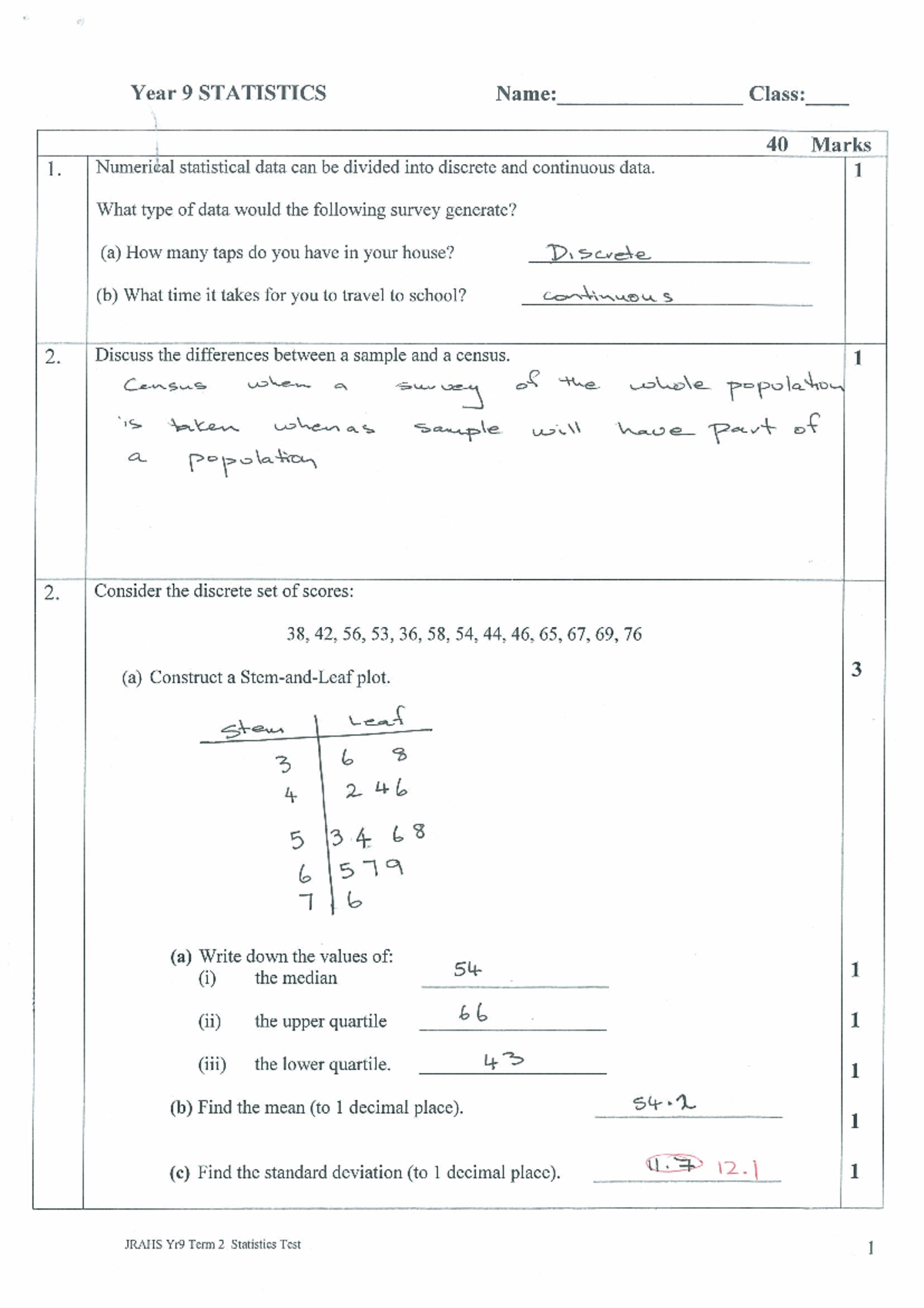 JRAHS Yr9 Term 2 Statistics Test Solutions - Studocu