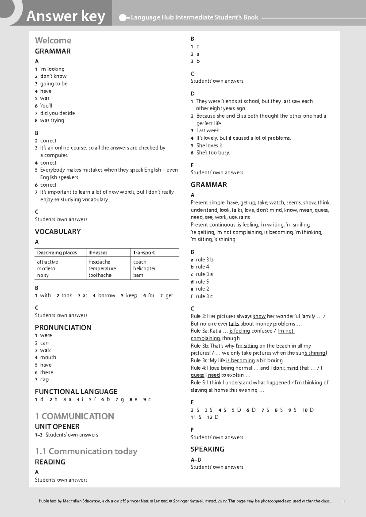 Language Hub Students Book Answer Key intermediate - Welcome GRAMMAR A ...